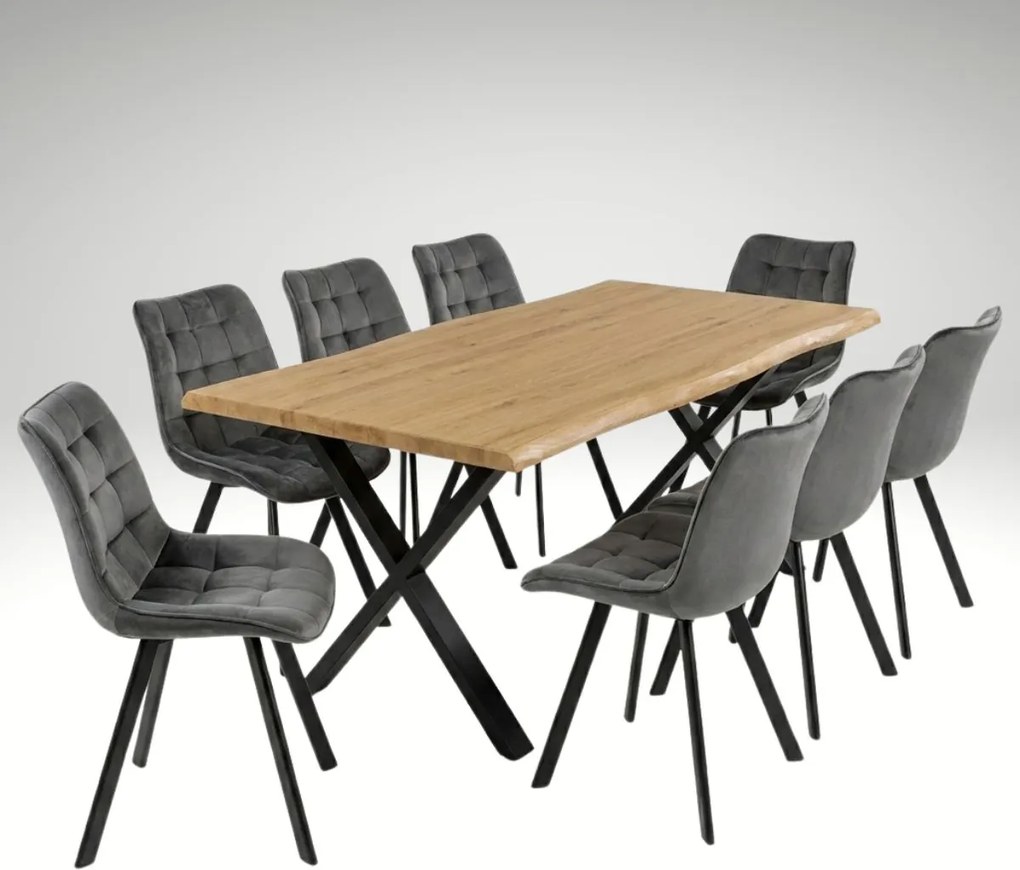 Vikio Jídelní set pro 8 osob 180x90 cm soft dub noha X šedá židle VJS238-8S-S
