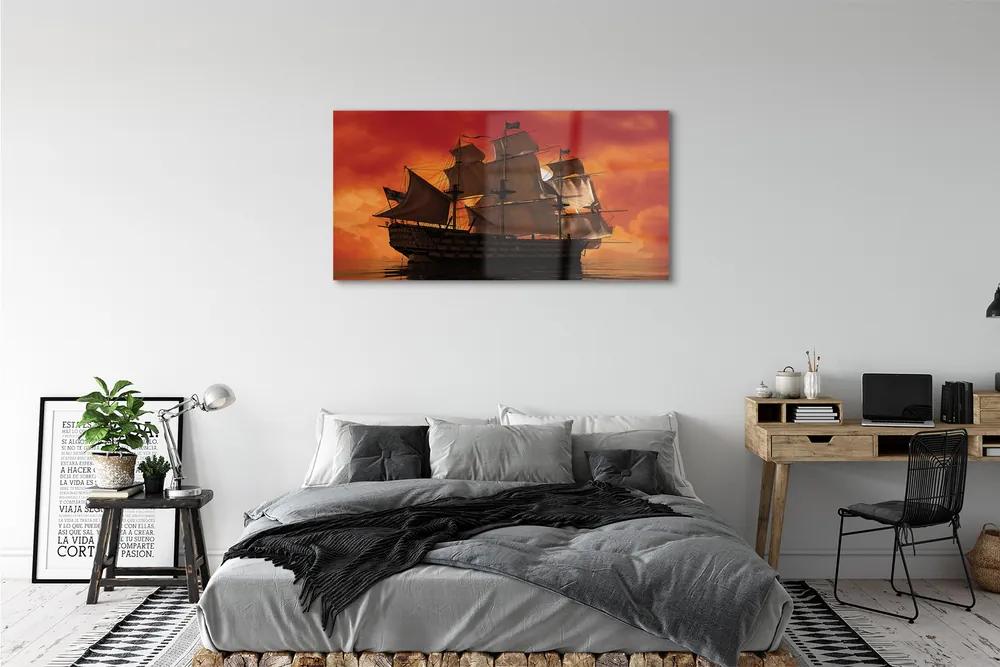 akrylový obraz Loď moře oranžová obloha 125x50 cm