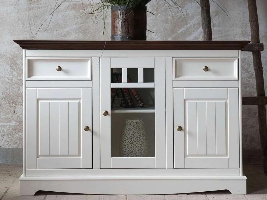 Bílý nábytek Dřevěná komoda Belluno Elegante, 3 dveřová, dekor bílá | ořech, masiv, borovice