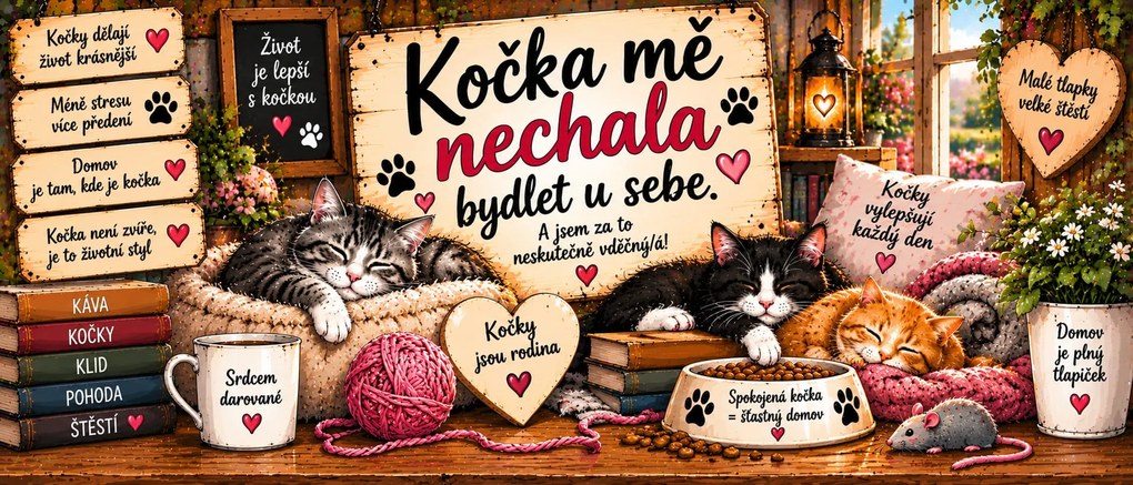 Vtipný hrnek pro milovníky koček – Kočka mě nechala bydlet u sebe – 300 ml
