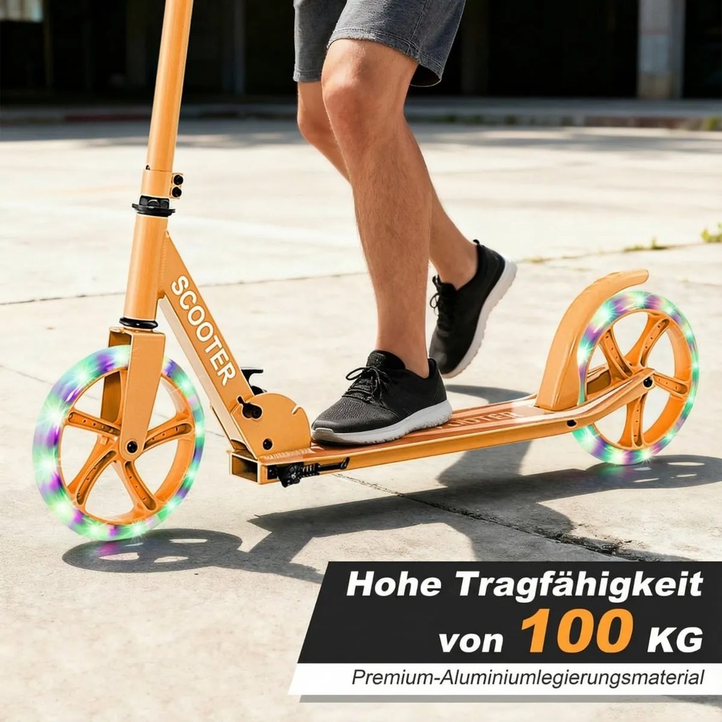Costway Skládací koloběžka s nosností 100 kg a 2 LED koly, výškově – pomerančový