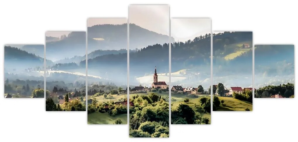 Obraz - vesnička v mlze (210x100 cm)