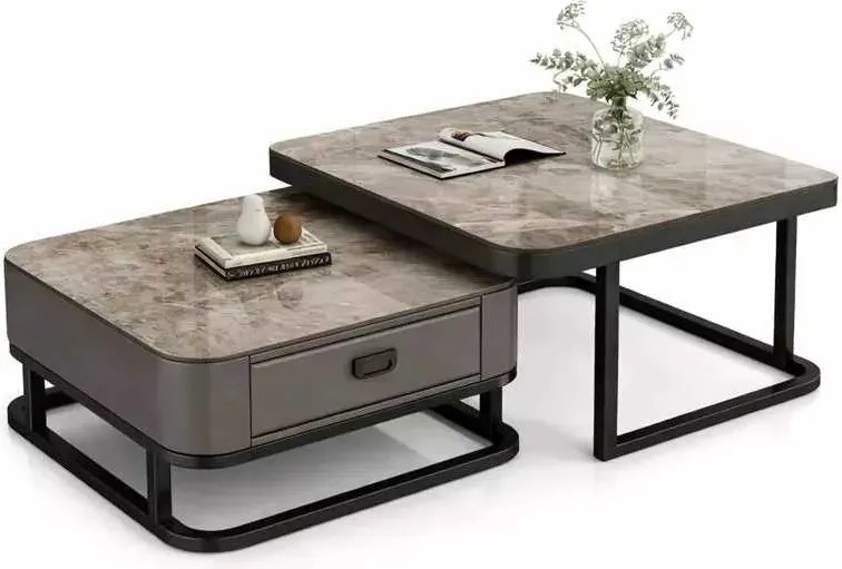 LuxuryForm DESIGN Konferenční stolek ARAGON 70 × 70 / 60 × 60 cm – šedý / šedý mramor (set 2 ks)