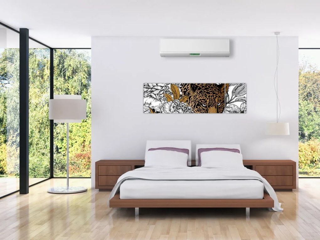 Obraz - Leopard mezi květy (170x50 cm)