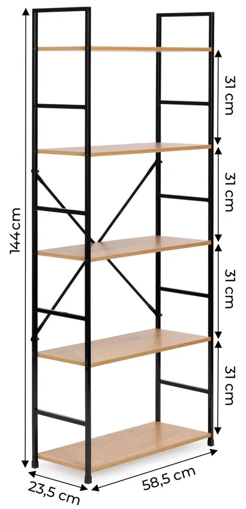 Dřevěný regál s kovovým rámem Loft 5 polic hnědý II