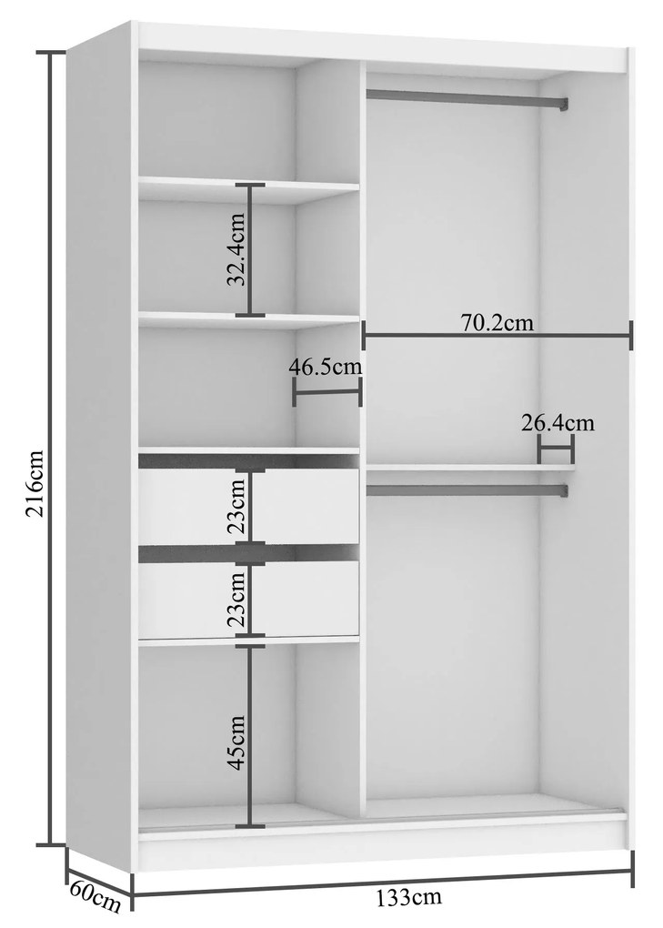 Šatní skříň 133 cm Belini bílý mat / bílý lesk s posuvnými dveřmi zrcadlem a zásuvkami  MGB SZP6/1/W/1L5W/KLAL