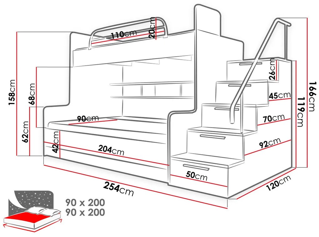 Dětská patrová postel s matrací 90x200 GORT - bílá / růžová, levé provedení