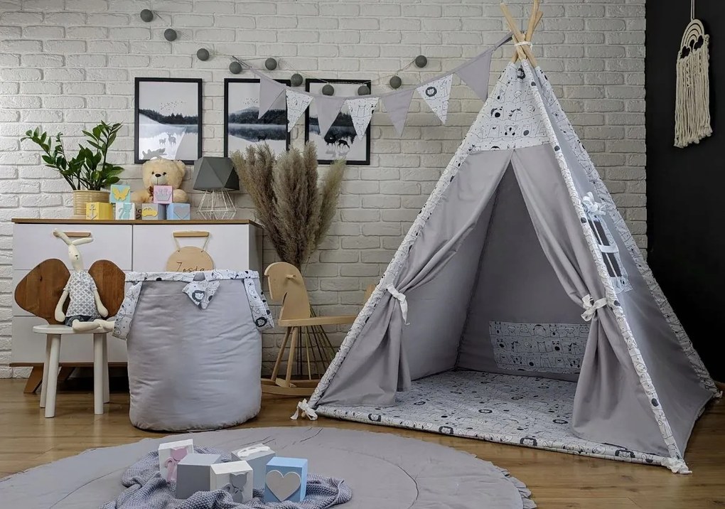 Dětský stan TEEPEE (TÝPÍ) ANIMALS s doplňky - MADAGASKAR - šedý