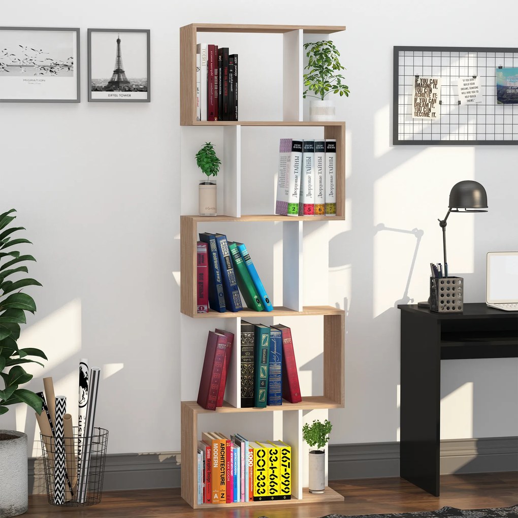 HOMCOM 5-patrová knihovna Dřevěný regál S-tvarovaný Moderní design pro obývací pokoj a kancelář 60x24x184,5 cm Bílá a dřevo