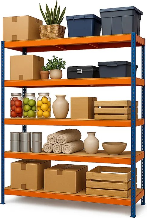 Regál 200x120x50 cm lakovaný 5-policový, nosnost 100 kg - modro-oranžový