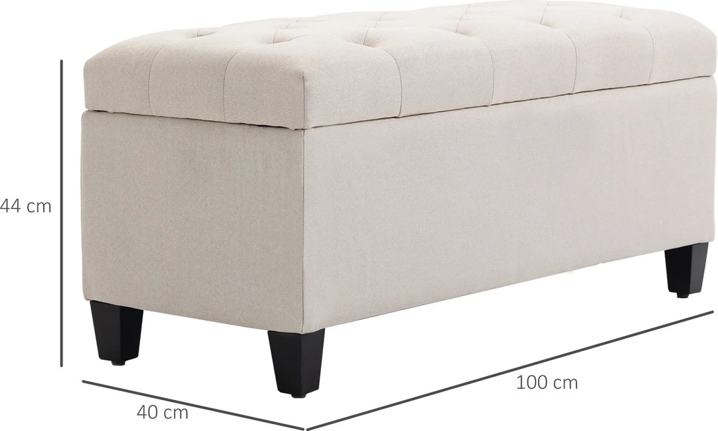 HOMCOM Lavice Čalouněná lavice s úložným prostorem, truhla, polyester podobný lnu, kaučukové dřevo, krémově bílá, 100 x 40 x 44 cm| Aosom