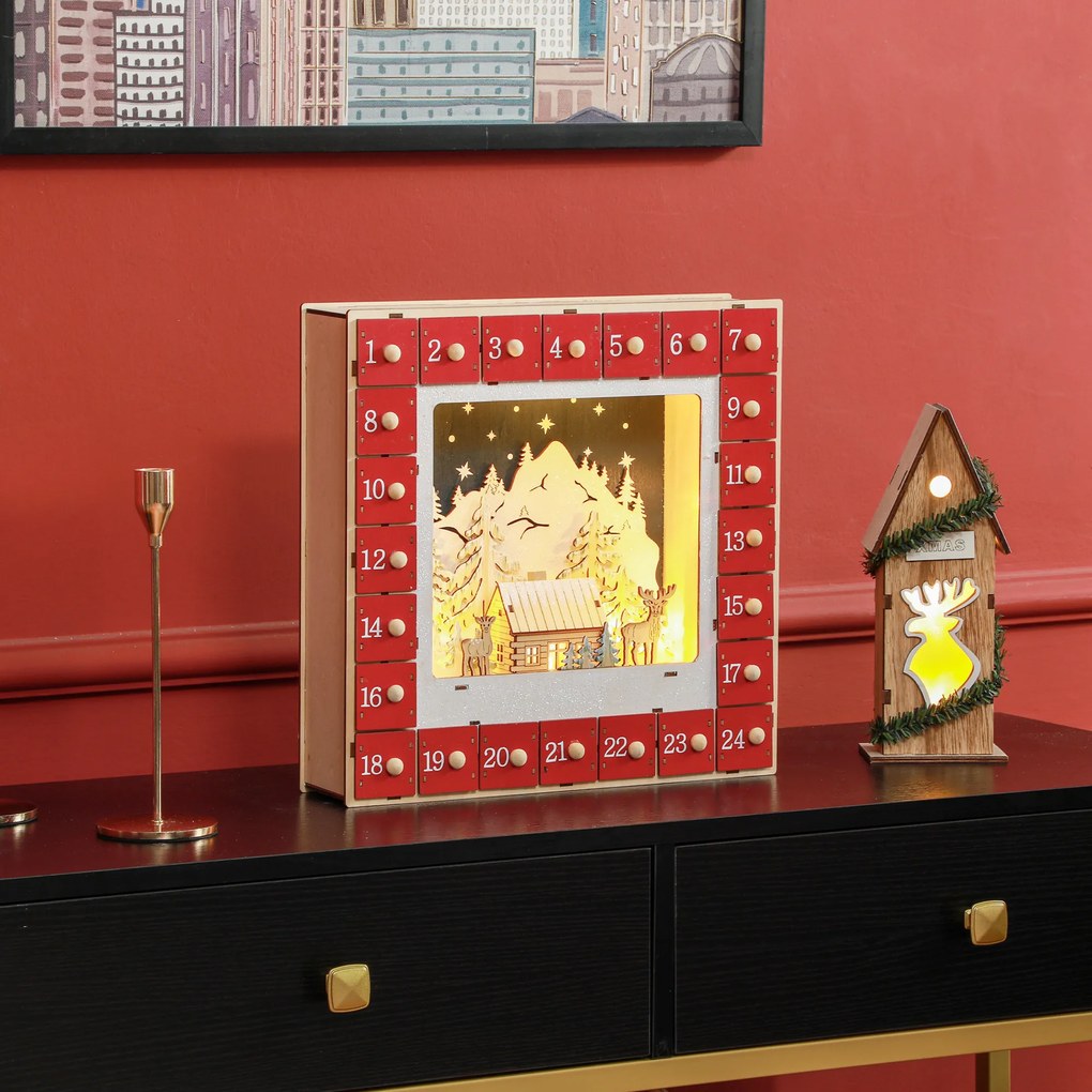 HOMCOM LED adventní kalendář s vesnickou scénou, 24 velkých zásuvek, MDF, 34 x 7 x 34 cm, červená
