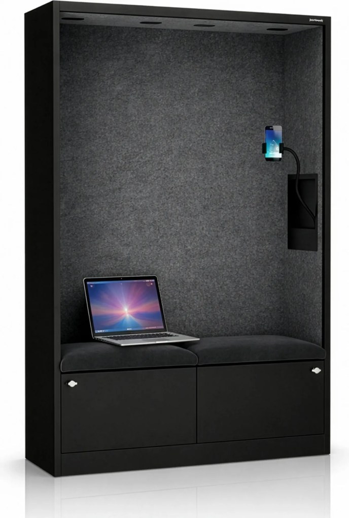 Kancelářská akustická kabina se sedátkem a USB-C portem, korpus černý / sedák tmavě šedá, 1150 mm: SALLY MentalBox