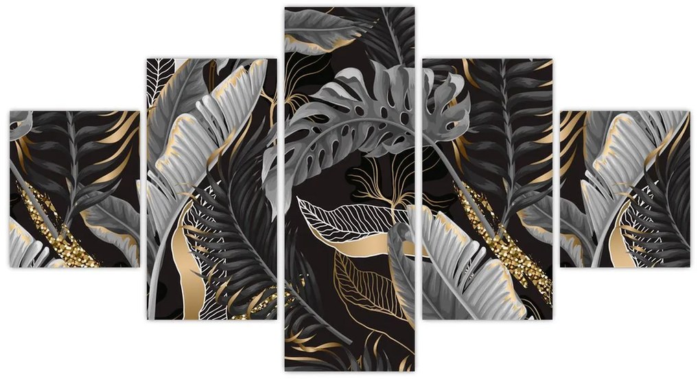 Obraz - Tropické listy v černo-zlaté (125x70 cm)