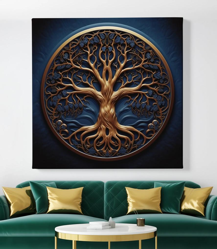 Obraz na plátně - Zlato-modrý strom života v kruhu FeelHappy.cz Velikost obrazu: 80 x 80 cm