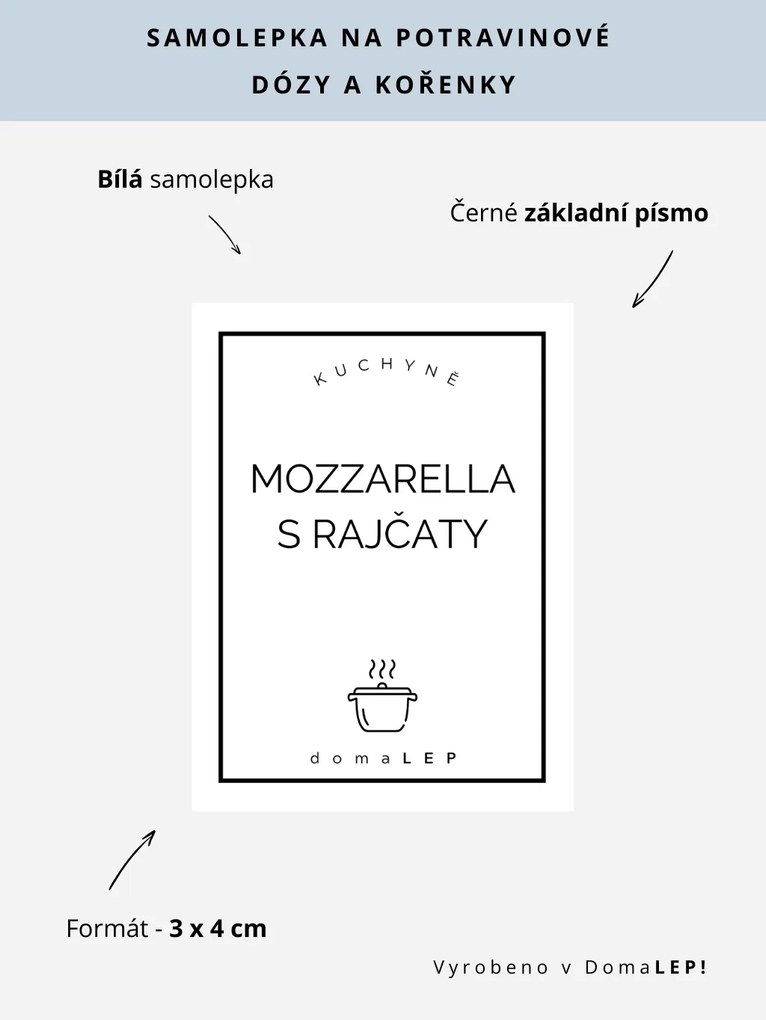 Samolepka na kořenky MOZZARELLA S RAJČATY bílá 3 × 4 cm základní písmo