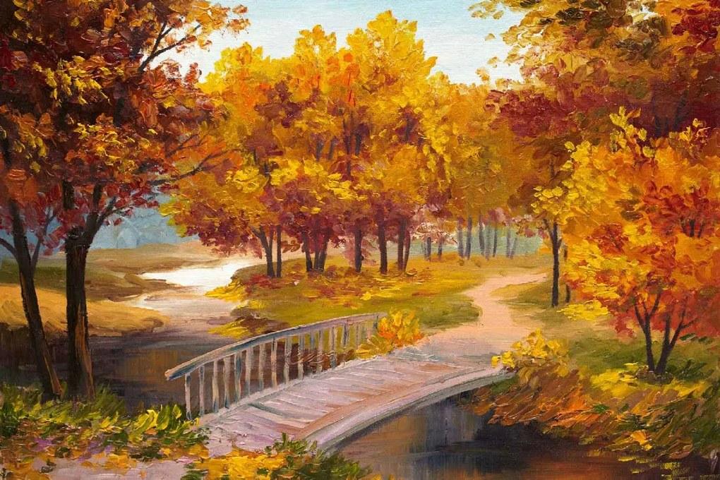DIMEX | Samolepicí vliesová fototapeta na zeď Malba - Podzimní les s řekou MA-5-2035 | 375 x 250 cm | zelená, žlutá, oranžová, hnědá