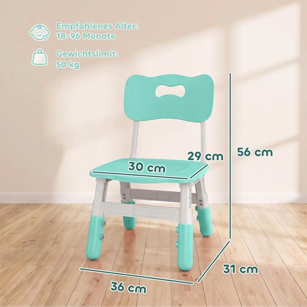 AIYAPLAY dětská židle k psacímu stolu, 2kusová sada, výškově nastavitelná 26-30 cm, ergonomické opěradlo, bez područek pro 1,5–8 let, zelená