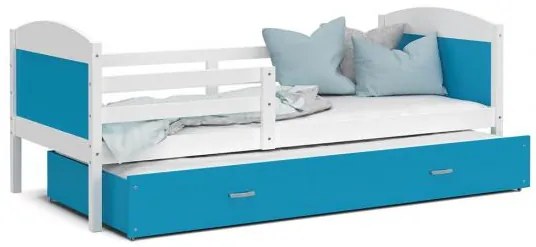 Dětská postel MATYAS P2 80x190 cm s bílou konstrukcí v modré barvě s přistýlkou