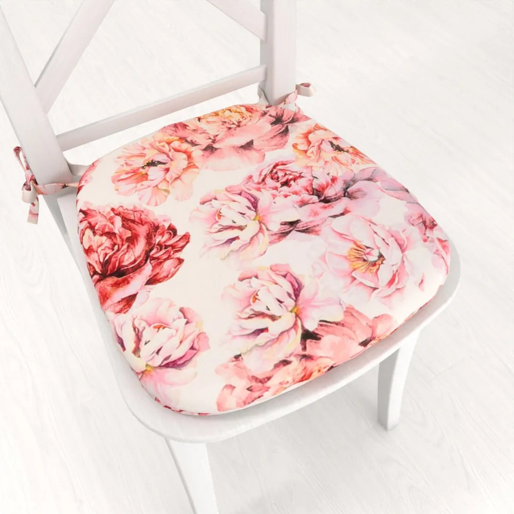 Biante Sametový oblý podsedák Tamara TMR-041 Růžovo-červené pivoňky na bílém - 39x37x3 cm