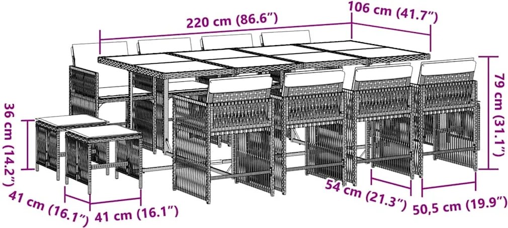 13dílný zahradní jídelní set s poduškami černý polyratan 3211699