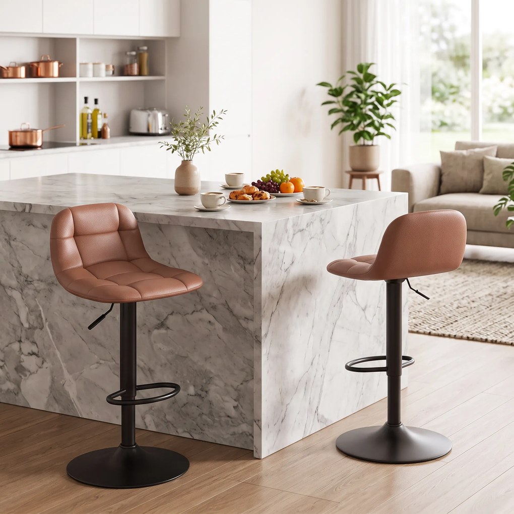 HOMCOM 2dílná sada barových židlí z PU kůže, retro-průmyslový styl, výškově nastavitelná, otočná o 360°, 40x41,5x76-98cm, tmavě hnědá