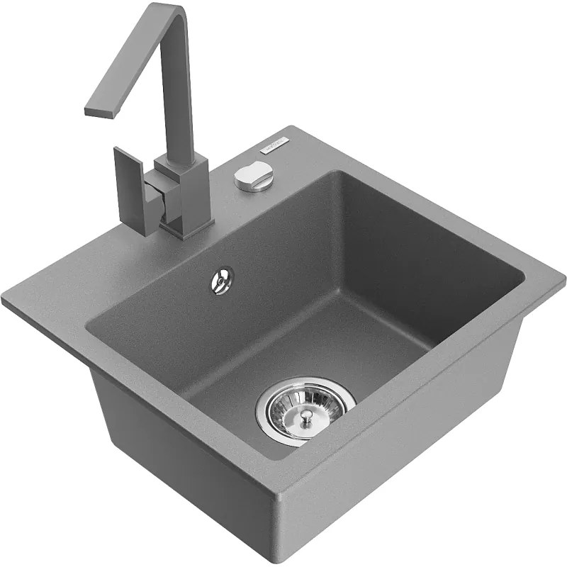 Mexen Milo, 1-komorový granitový dřez 435x410x171 mm a šedá baterie Rita, šedá, 6505-71-670300-71