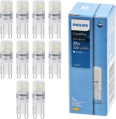 10x G9 LED žárovka PHILIPS 1,9W 25W 220lm teplá bílá 3000k sada žárovek
