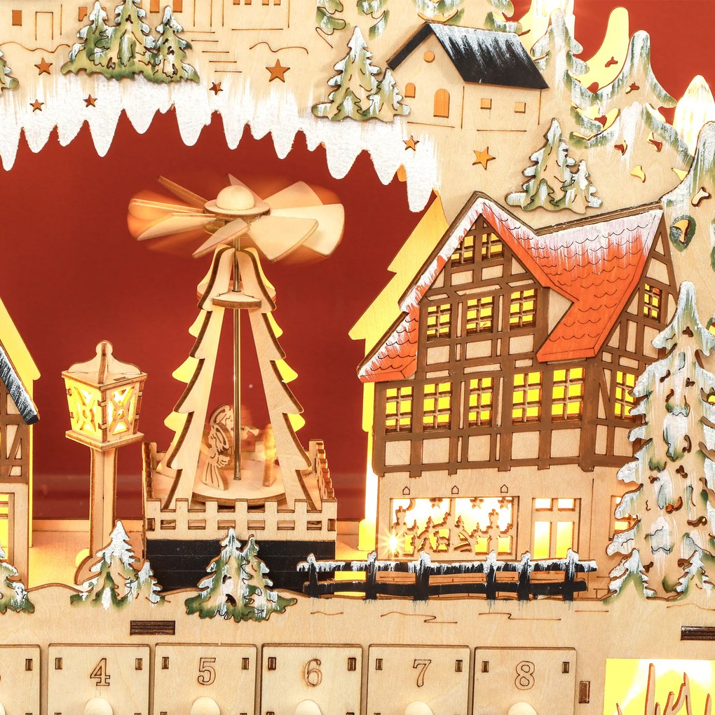 HOMCOM Adventní kalendář, vánoční vesnička, 18 LED světýlek, 24 zásuvek, opakovaně použitelný, 45 x 9 x 42,5 cm