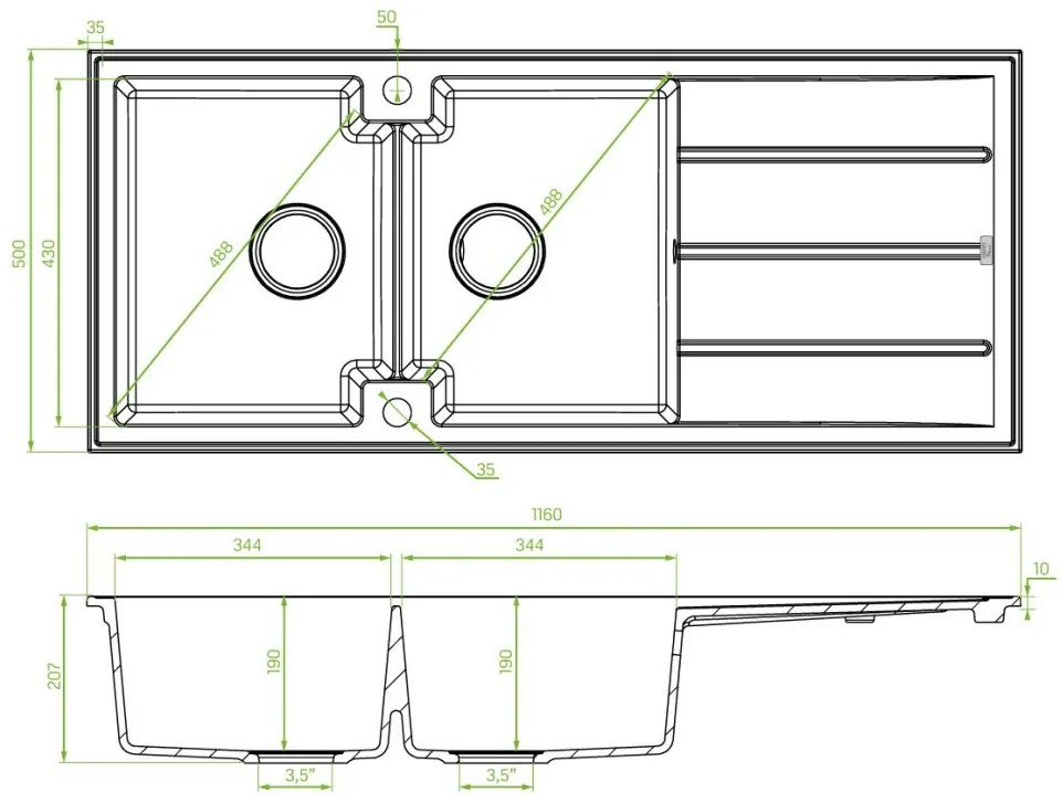 Kuchinox Laveo Canaria, 2-komorový granitový dřez 1160x500x207 mm, béžová, LAV-SPC_421T