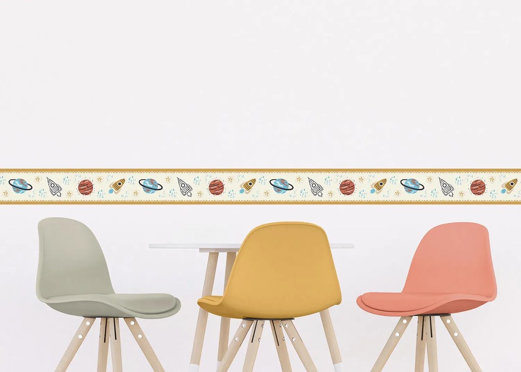 Dětská samolepící bordura na zeď Světle Žlutý Vesmír | 5 m x 13.8 cm | DWBD8057