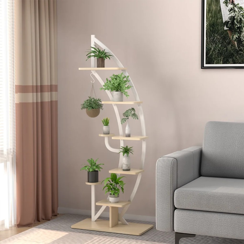 Costway 6 Tier Half Moon kovový stojan na rostliny se 2 malými policemi a háčky
