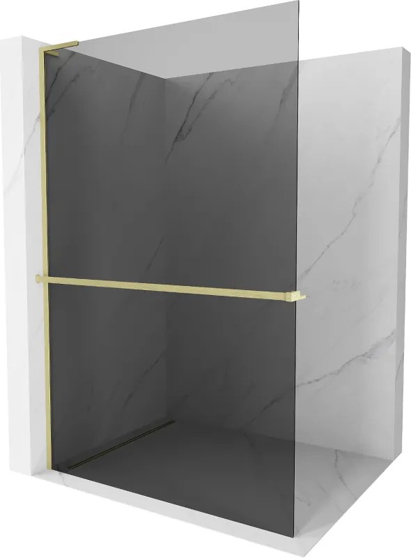 Mexen Kioto+ L, sprchová zástěna Walk-In s poličkou a věšákem 80 x 200 cm, 8mm šedé sklo, zlatý matný profil, 800-080-123-55-40