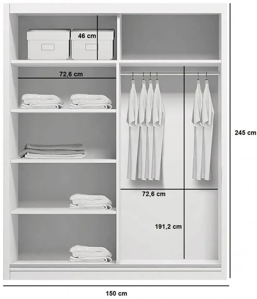 Prostorná zrcadlová šatní skříň 150/245 JACOBO - dub sonoma / bílá