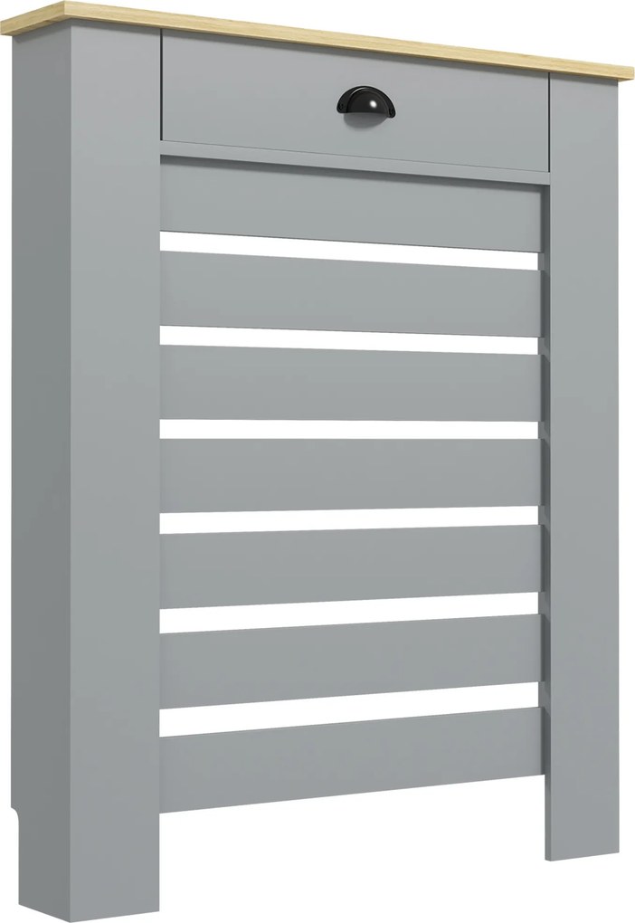 HOMCOM kryt radiátoru z MDF s lamelami, mřížkový kryt se zásuvkou, 78x19x95,5 cm, šedý