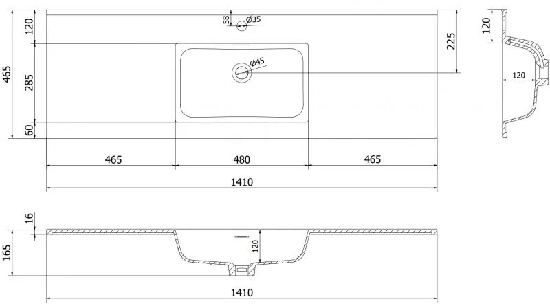 Mexen Otis, umyvadlo na zapuštění 141 x 46,5 cm, bílá lesklá, 25181400
