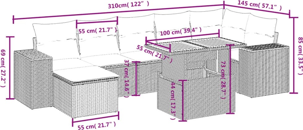 8dílná zahradní sedací souprava s poduškami černá polyratan 3272743