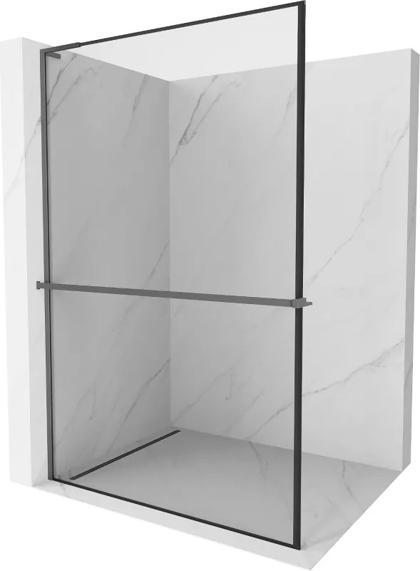 Mexen Kioto+ L, sprchová zástěna Walk-In s poličkou a věšákem 80 x 200 cm, 8mm čiré sklo černý vzor, ​​grafitový profil, 800-080-123-95-70