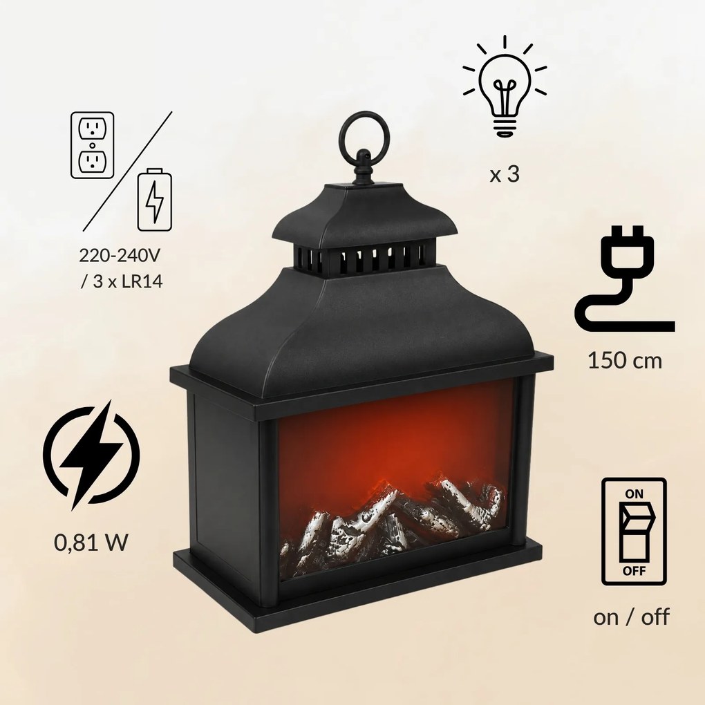 Lucerna s efektem krbu LED, 13,5 x 25,5 x 37 cm