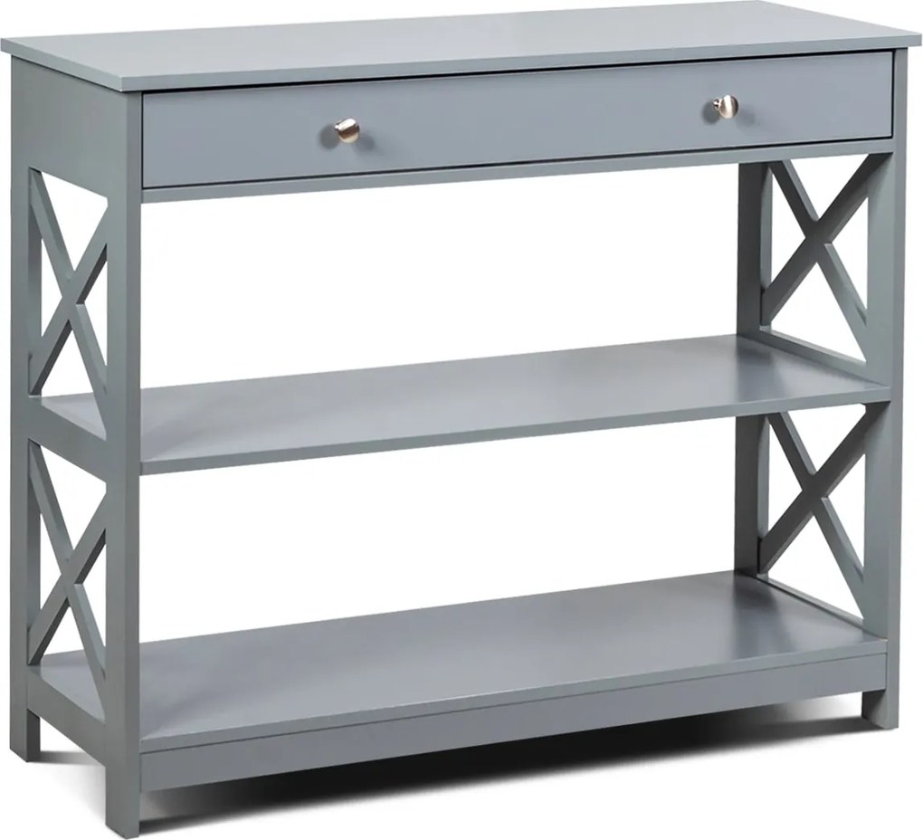 Costway Konzolový stůl 3 úrovně se zásuvkou ze dřeva – 100 × 30 × 80 cm, šedá
