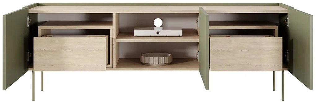 TV stolek Desin 170 cm se dvěmi ukrytými zásuvkami - olivová / dub nagano