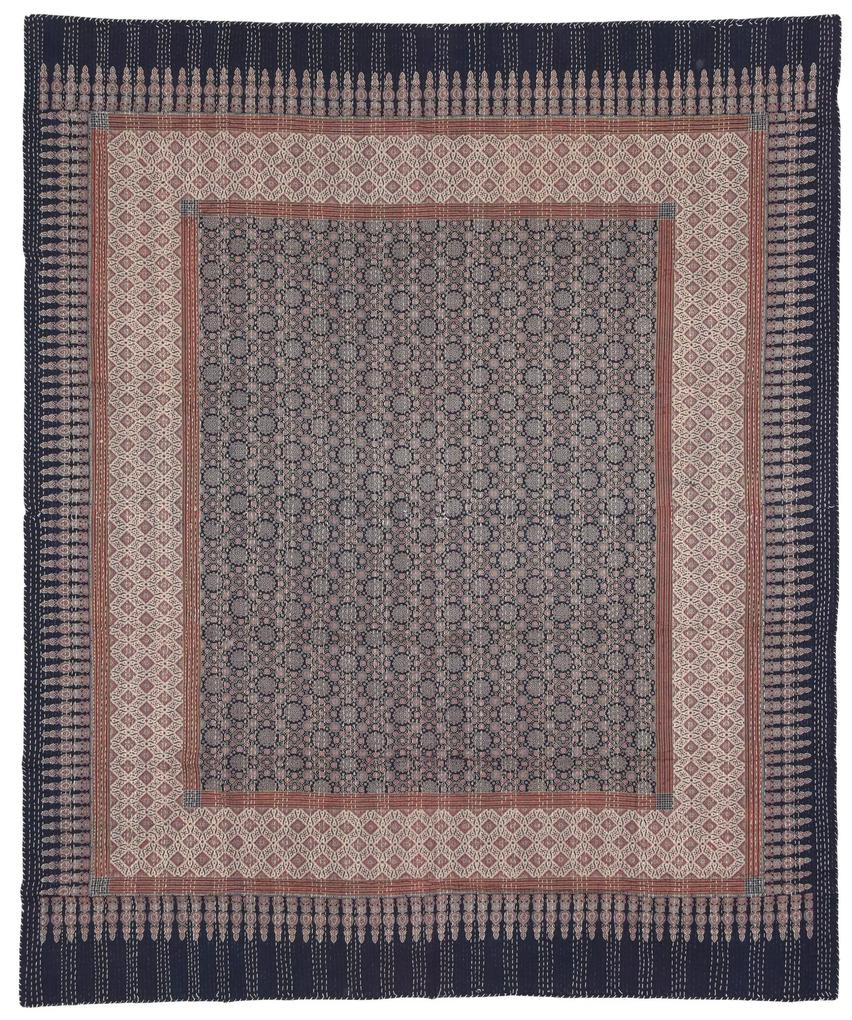 Sanu Babu Modrý přehoz na postel, block print, ruční práce, prošívání, 230x263 cm