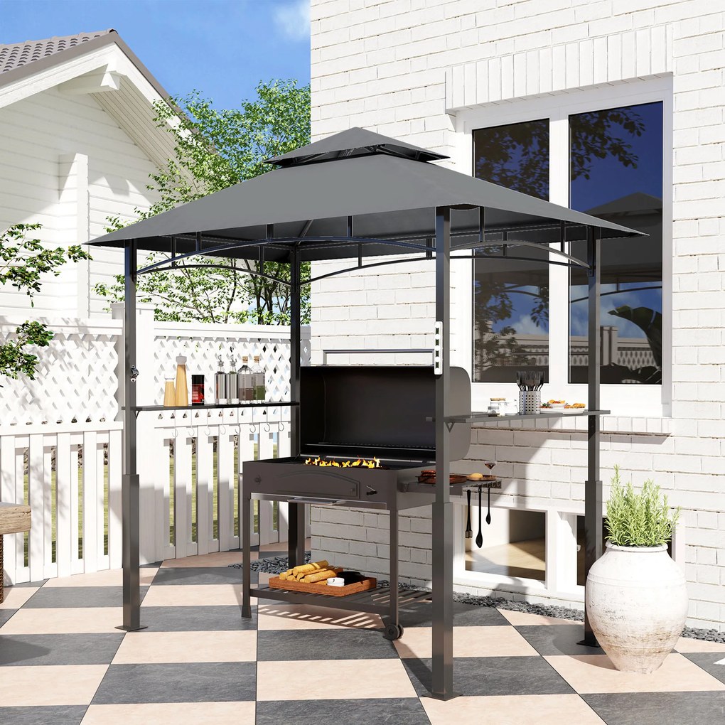 Outsunny Grilový pavilon, zahradní grilovací stan s regály na koření, LED osvětlení, kov, plast, 243D x 148Š x 248V cm, šedý