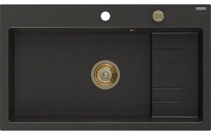 Mexen Omar, 1-komorový granitový dřez 800x480x210 mm, černá-zlatá metalíza, zlatý sifon, 6520801005-75-G