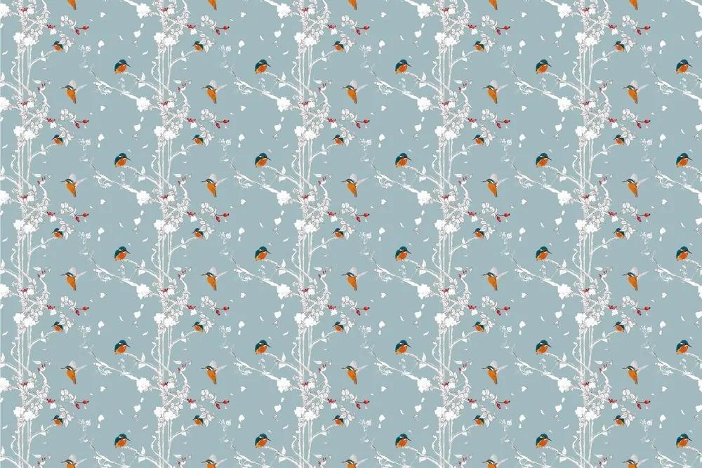 Tapeta ptáčci v hustém lese s modrým pozadím - 75x1000 cm