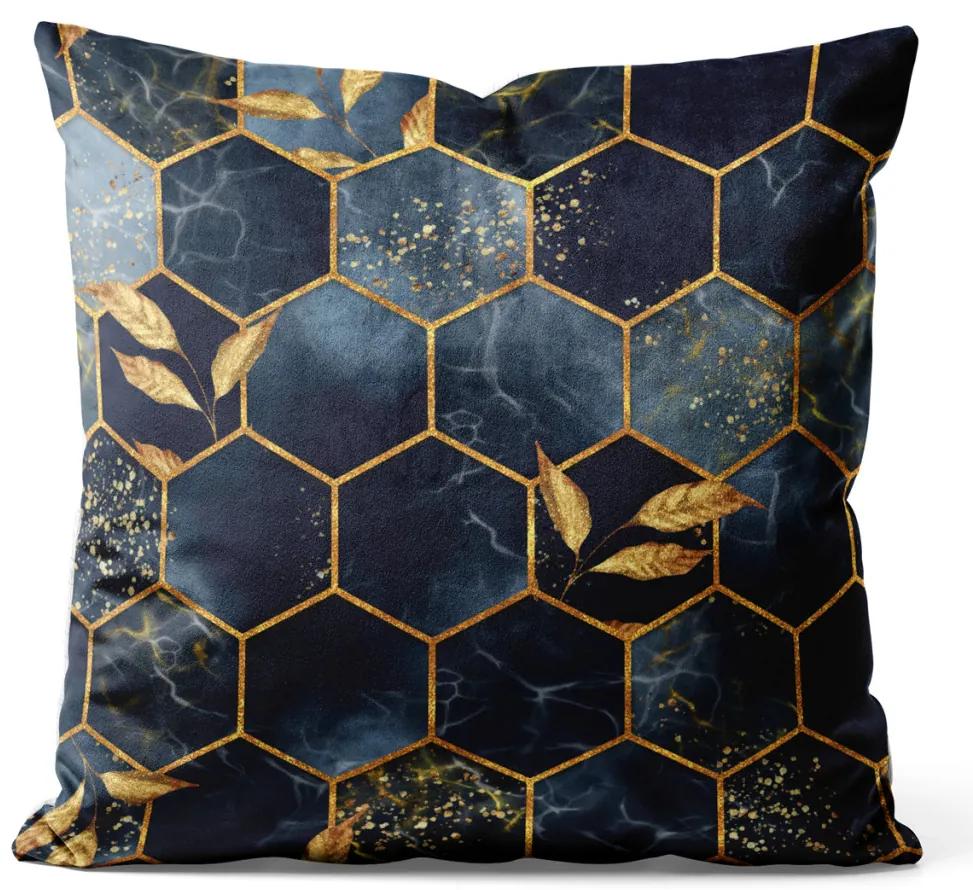 Dekorační velurový polštář Geometrie a listí - kompozice v odstínech modré a zlaté barvy