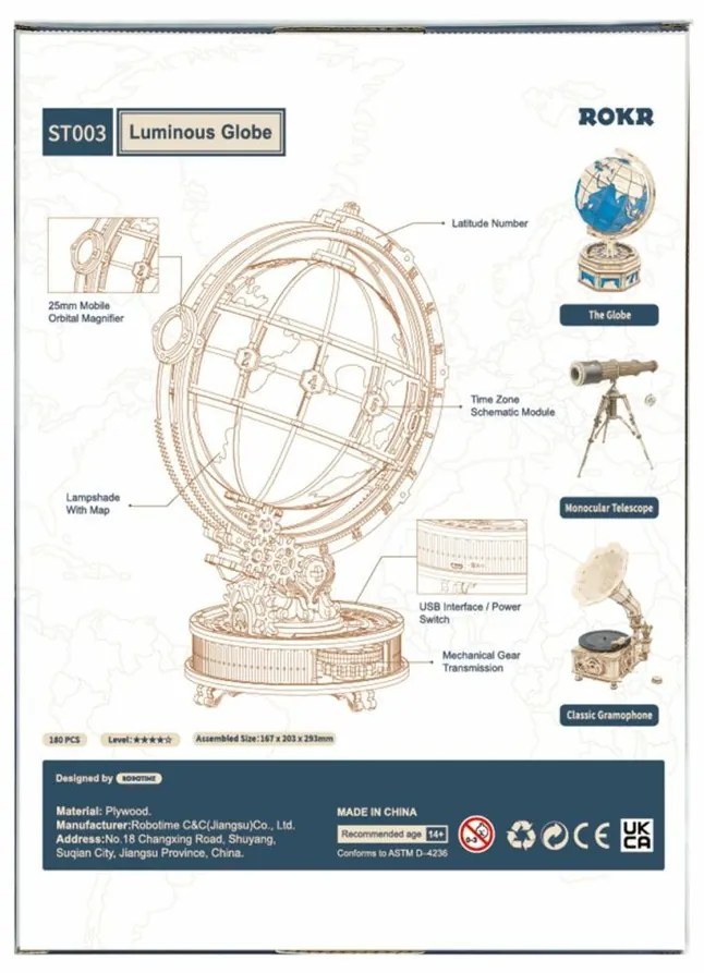 RoboTime 3D dřevěné mechanické puzzle Svítící glóbus