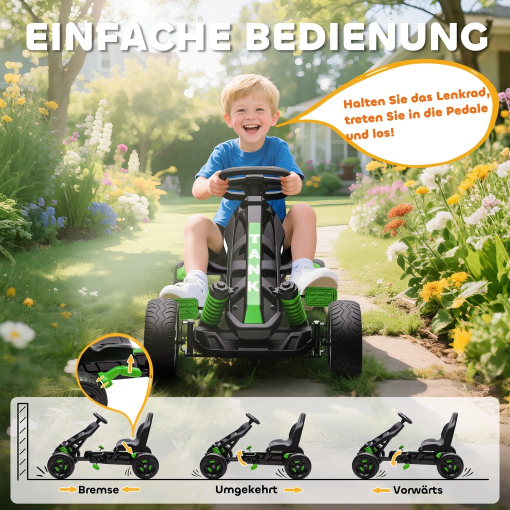 AIYAPLAY Gokart s pedály, šlapací auto pro děti s brzdou, protiskluzová kola, kovový rám, 3-6 let, zelená