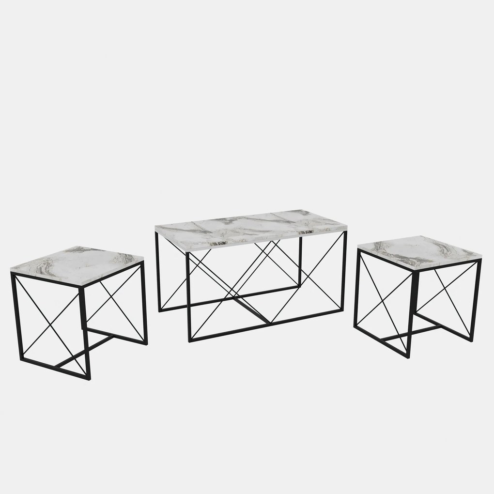 Hanah Home Konferenční stolek - sada 3 ks Defne - White Marble, Bílá Marble , Černá