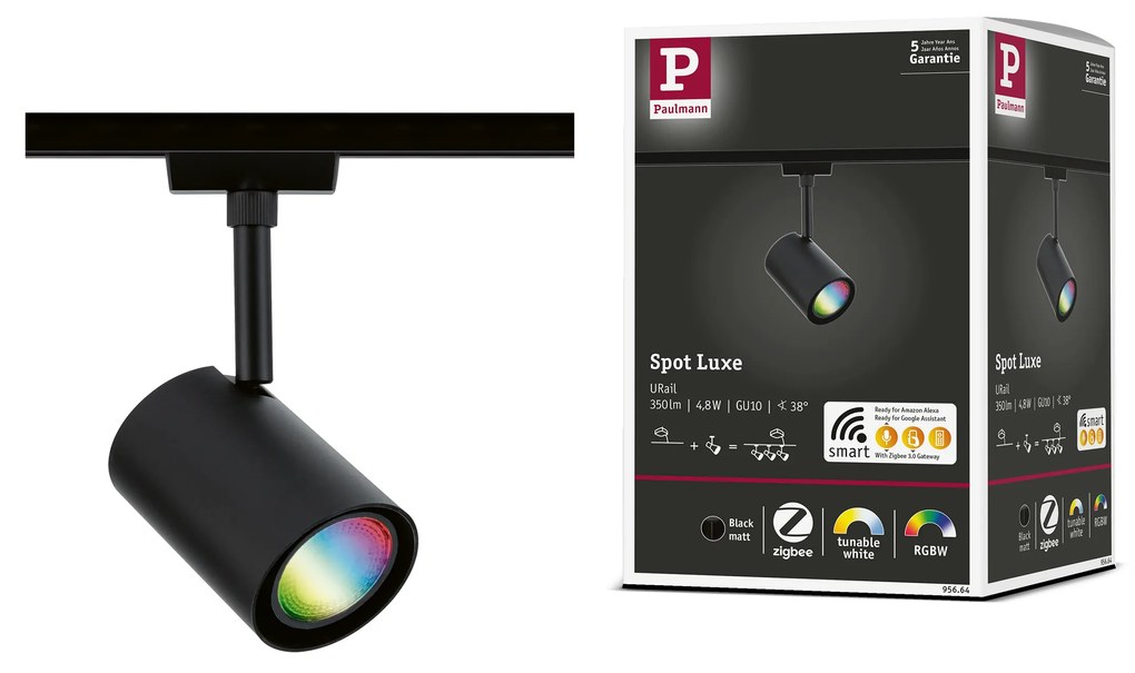 Paulmann 95664 Luxe, spot pro Urail system, Zigbee 4,8W GU10 RGBW + stmívatelné, matná černá